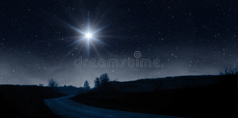 Bright Star Shines Over the Road at Night. Birth of Jesus Concept, Star ...