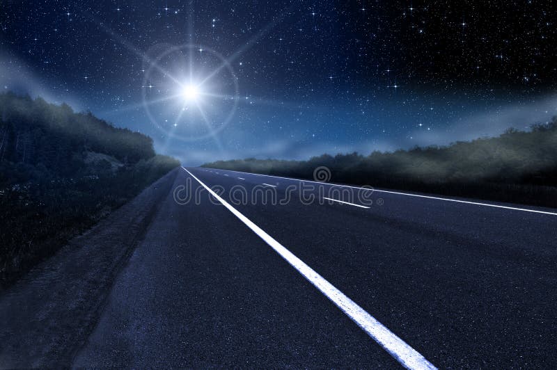 Bright Star in the Starry Night Sky Lights the Road at Night. Birth of ...