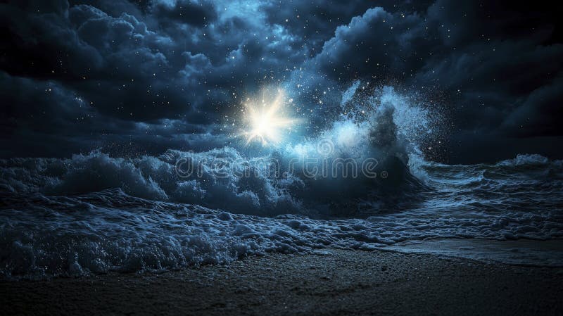 Bright Starlight Over Tumultuous Ocean Waves a Dramatic Wide Angle ...