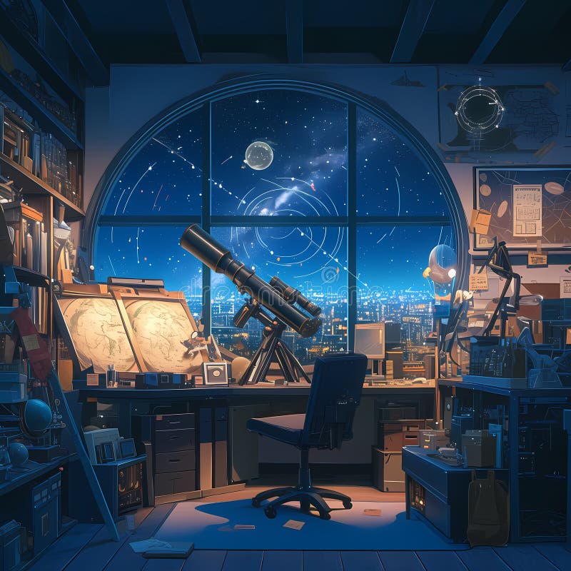 Bright Starry Sky in Office Window, Science-Themed Stock Illustration ...
