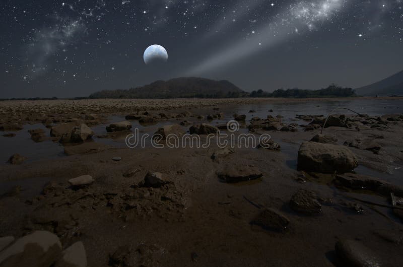 Bright Stars in Crescent Night Over the River Stock Image - Image of ...