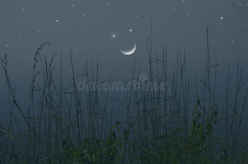Bright Stars and Wanning Moon Over the Valley in Crescent Night Stock ...