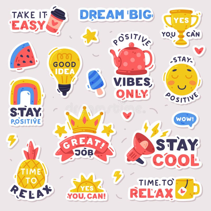 Bright Stickers Design with Positive Saying Vector Set Stock Vector ...