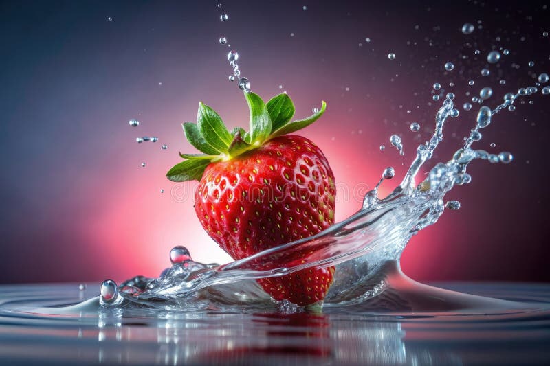 A Bright Strawberry Falls into the Water, Creating Dynamic Drops on a ...
