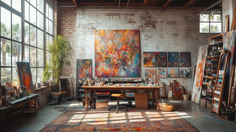 Artist Studio with Large Painting and Natural Light from Big Windows ...