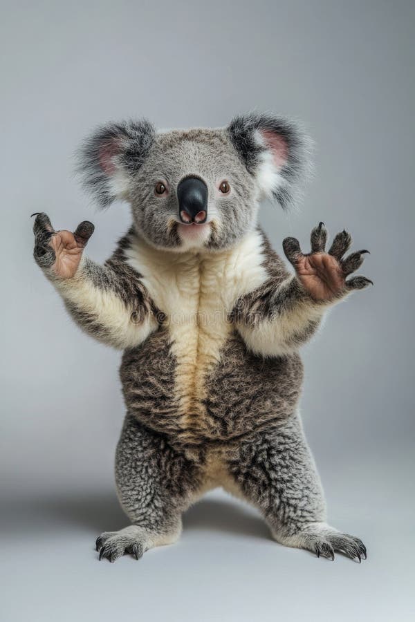 In a Bright Studio Setting, a Charming Koala Stands on Its Hind Legs ...