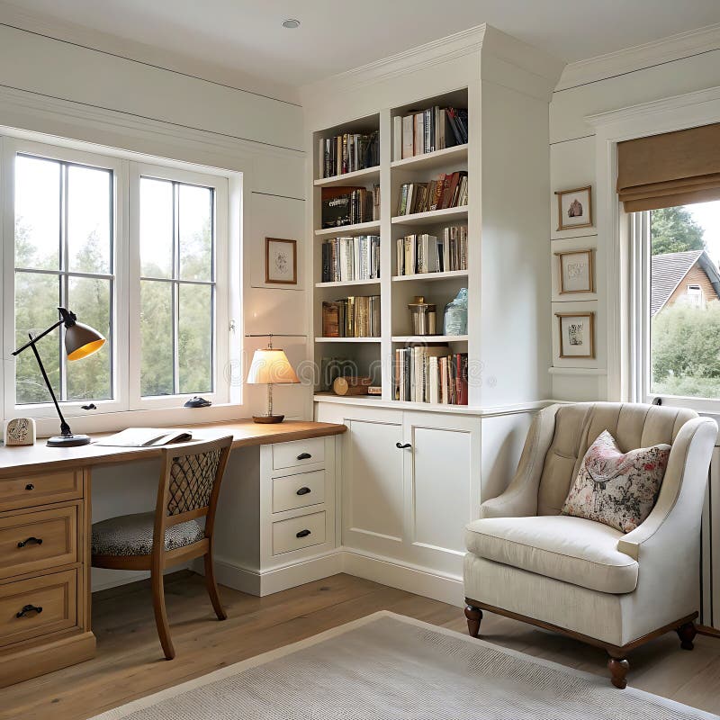 Bright Study Corner with Desk and Bookshelves Stock Illustration ...