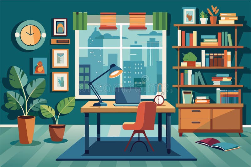 Bright Study Room Featuring a Desk, Plants, and a View of the City ...