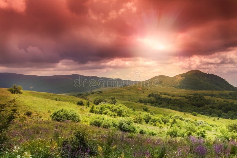 Bright Stunning Beautiful Sunset in Valley Stock Image - Image of ...