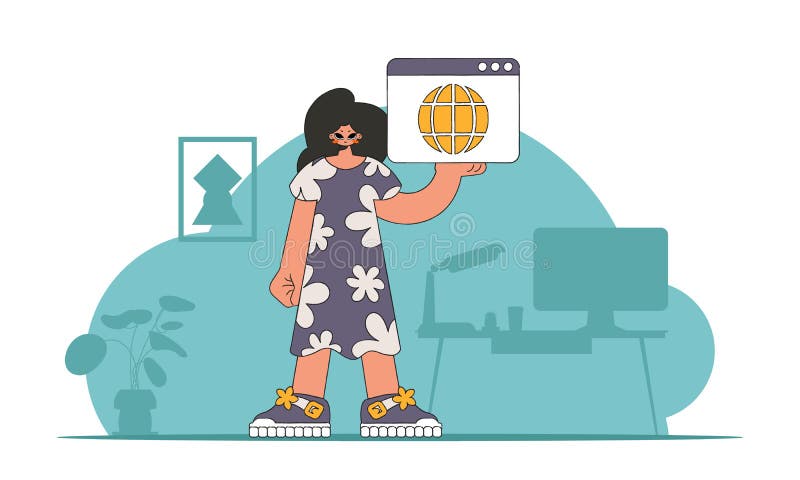A Bright and Stylish Illustration of a Girl Using a Web Browser. Modern ...