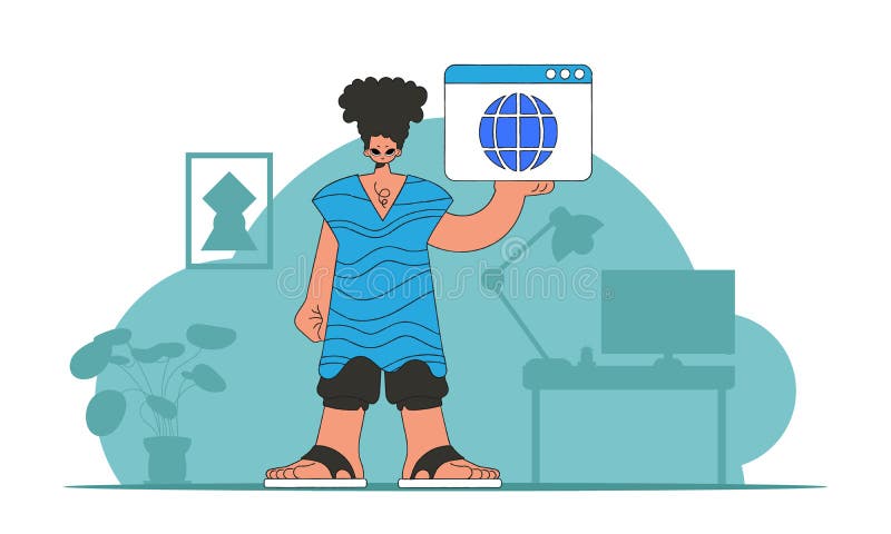 A Bright and Stylish Illustration of a Man Using a Web Browser. Modern ...