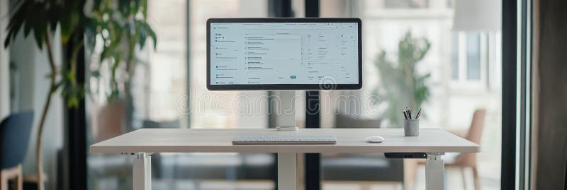 A Bright and Stylish Office Features an Adjustable Height Desk, Sleek ...