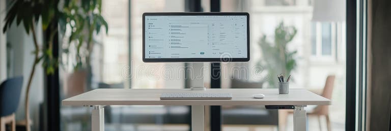 A Bright and Stylish Office Features an Adjustable Height Desk, Sleek ...