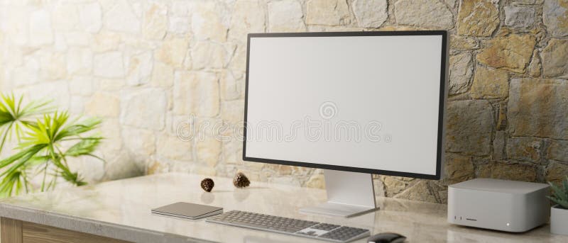 Bright Stylish Workplace with Computer on Table Against the Stone Wall ...