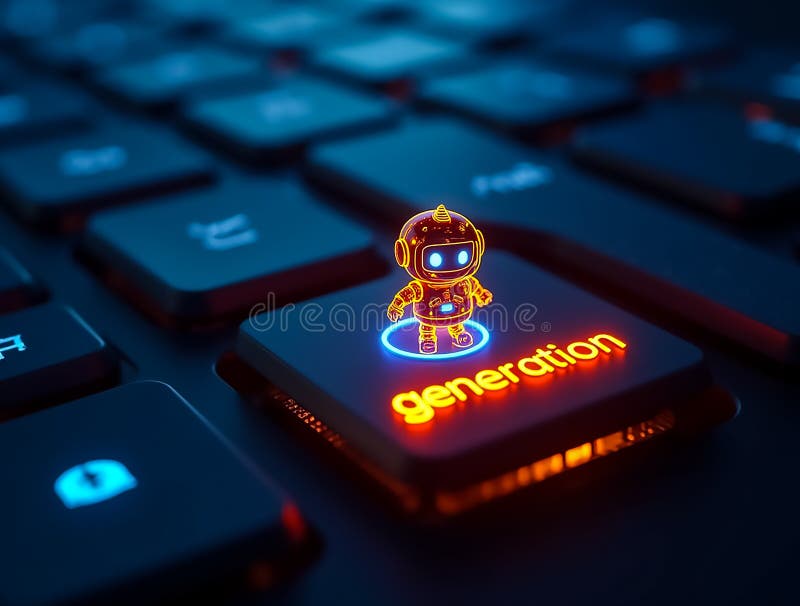 A Bright, Stylized Robot Stands on a Keyboard, Highlighting Innovation ...