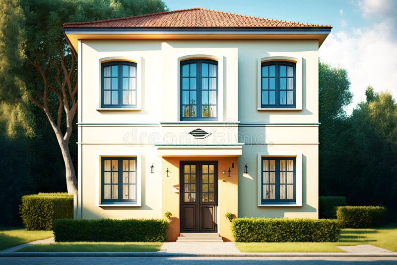 Bright Suburban Residential Building with Small Rectangular Windows in ...