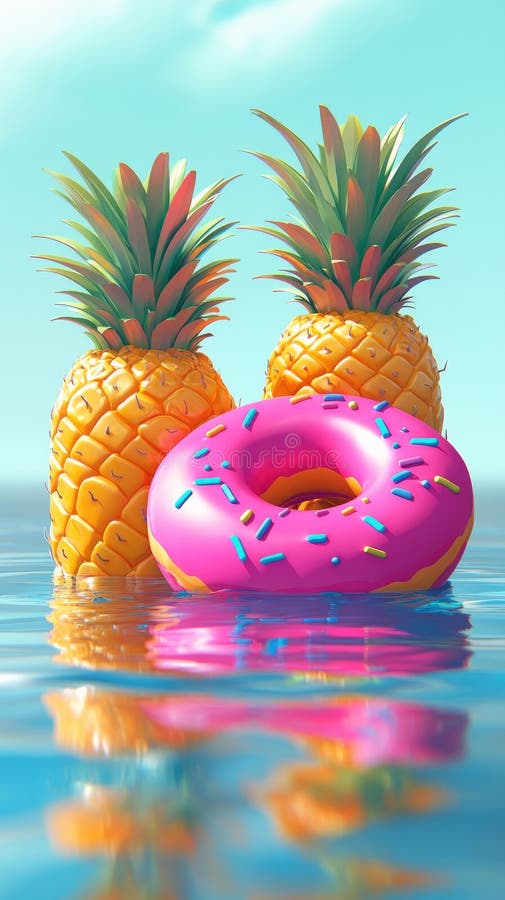 Floating Pineapple Colorful Donuts Sunny Tropical Pool Setting Palm ...