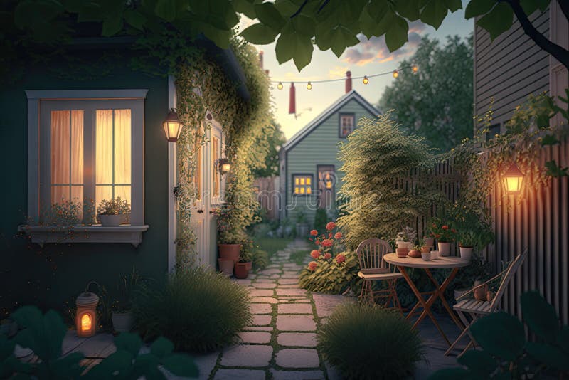 Bright Summer Evening with Light Illuminated Greenery in Cute Cozy ...