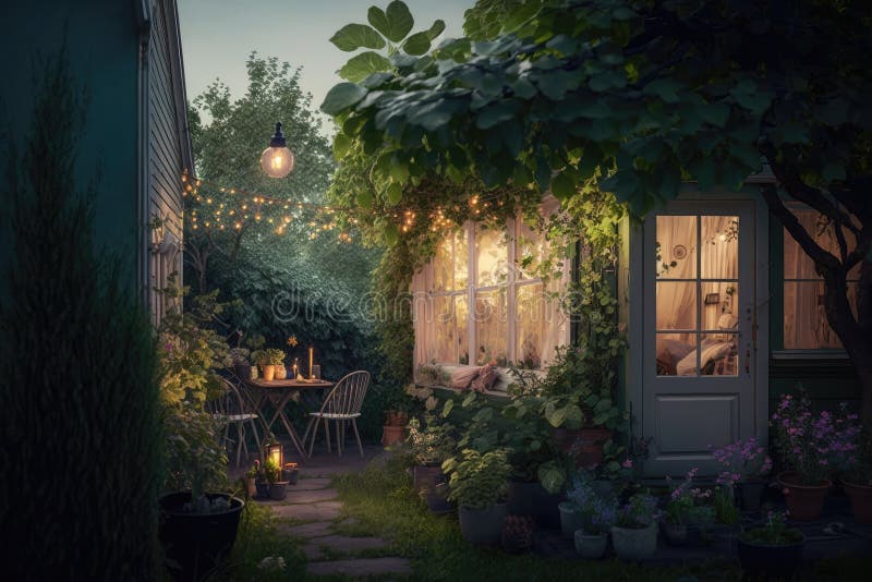 Bright Summer Evening with Light Illuminated Greenery in Cute Cozy ...