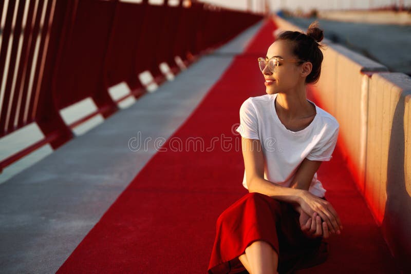 Bright Lifestyle Portrait Of Smiling Pretty Woman In Red Skirt And