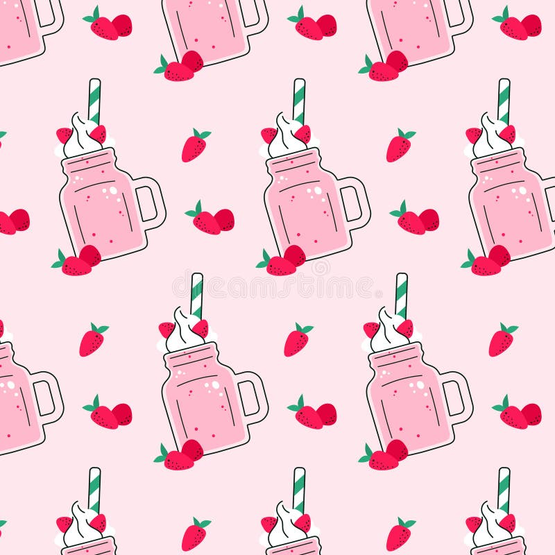 Bright Summer Vector Seamless Pattern, Strawberry Milkshake with a ...