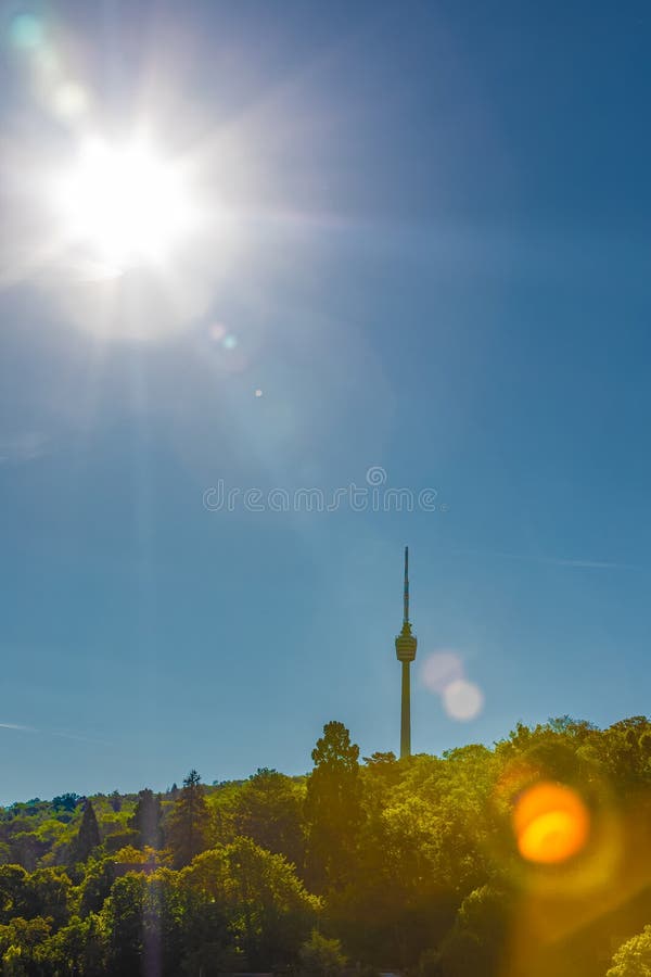 Bright Sun Flare in the Sky. Over the Tv Tower in Stuttgart, Germany ...