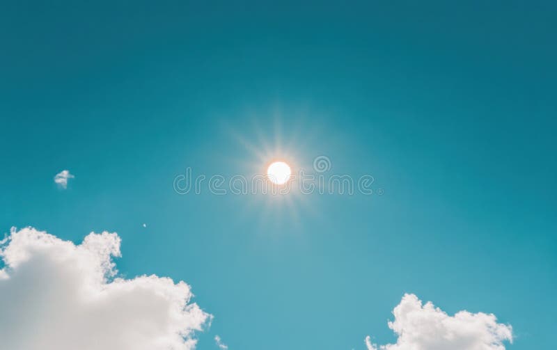 Bright Sun and Fluffy Clouds in a Vibrant Teal Sky Stock Illustration ...