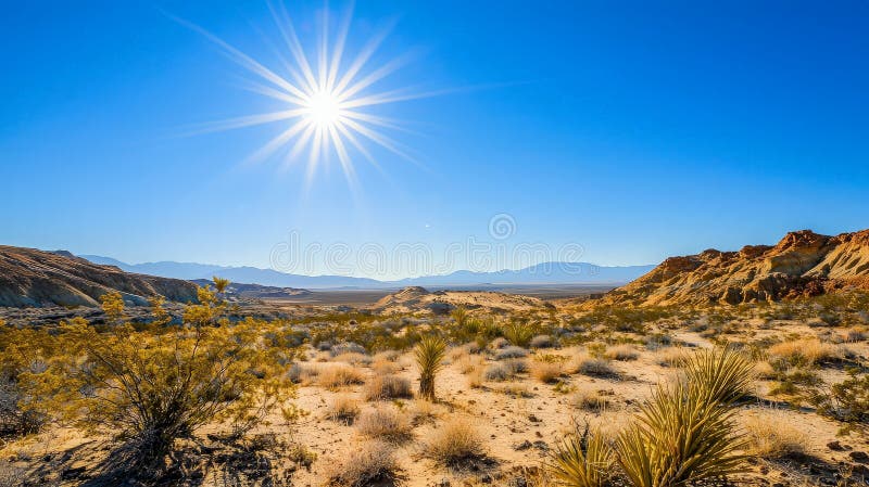 Bright Sun Over Arid Desert Landscape with Shrubs and Mountains Stock ...