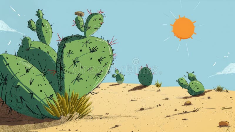 Bright Sun Over Desert Cactus Landscape Illustration Stock Photo ...