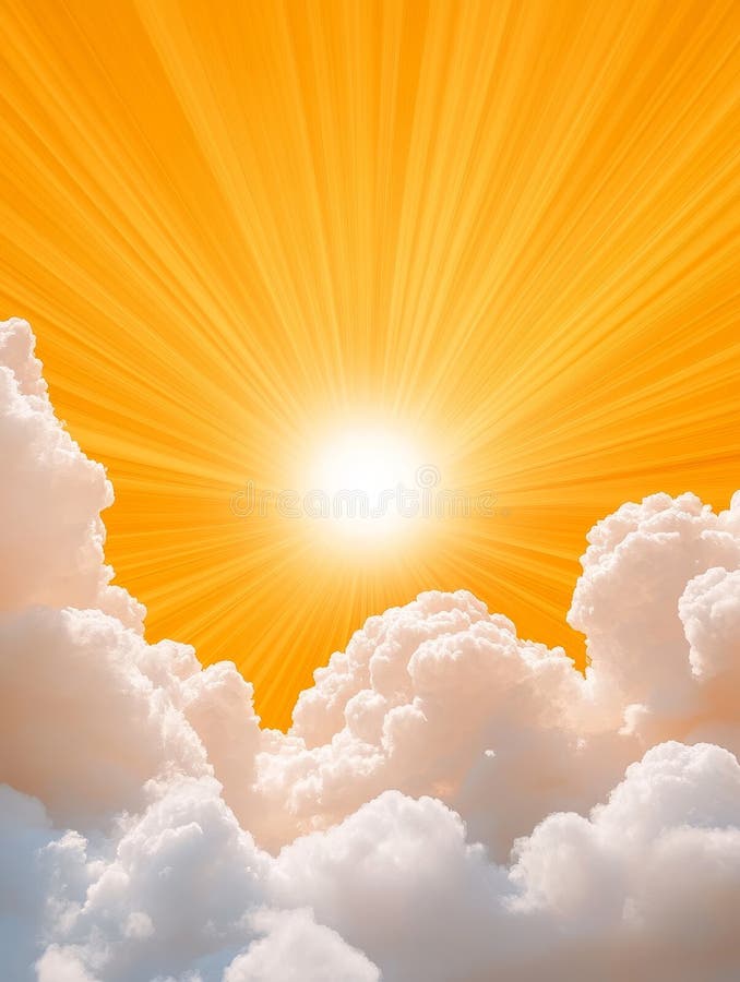 Bright Sun Rays Burst through Fluffy White Clouds in an Orange Sky ...