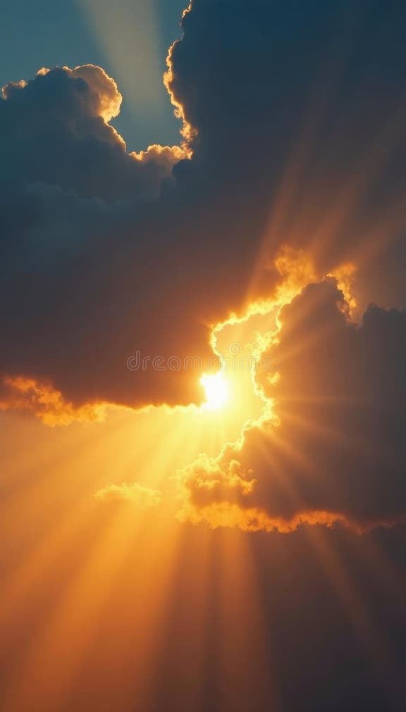 Bright Sun Rays Pierce Heavy Dark Clouds, Creating a Dramatic Contrast ...