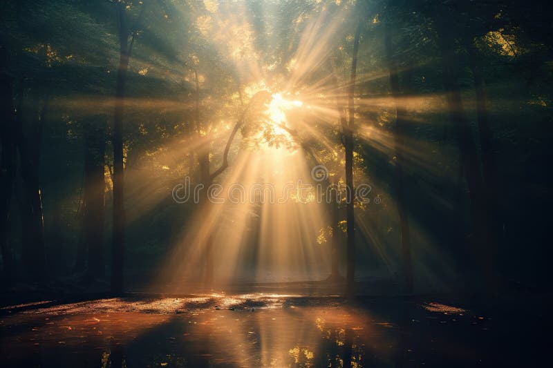 Bright Sun Rays Shine between the Trees in the Forest. Generated by ...