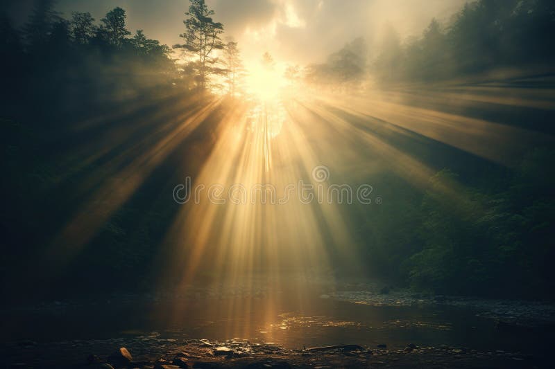 Bright Sun Rays Shine between the Trees in the Forest. Generated by ...