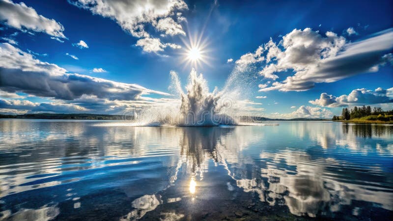 Bright Sun Reflecting on a Serene Lake with a Dramatic Water Splash ...