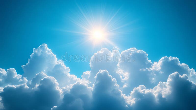 Bright Sun Shining Above Fluffy Clouds, Serene Sky View. Nature and ...