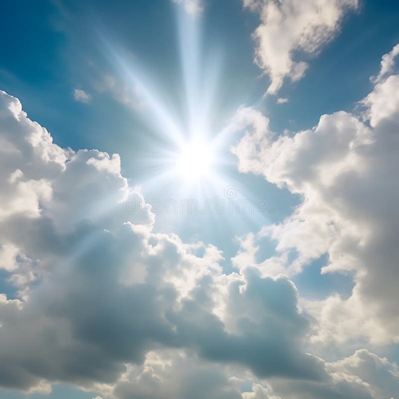 Bright Sun Shining through Fluffy White Clouds in Blue Sky Stock ...