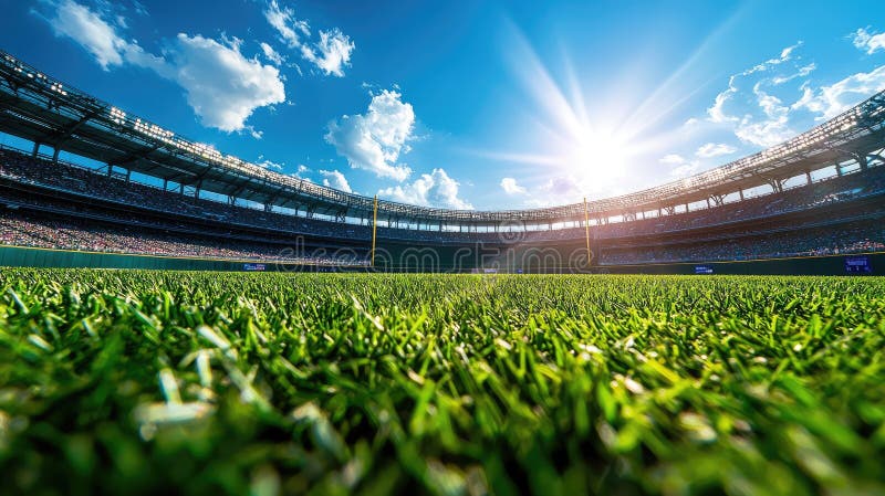 Bright Sun Shining Over an Empty Baseball Stadium Field. Stock Image ...