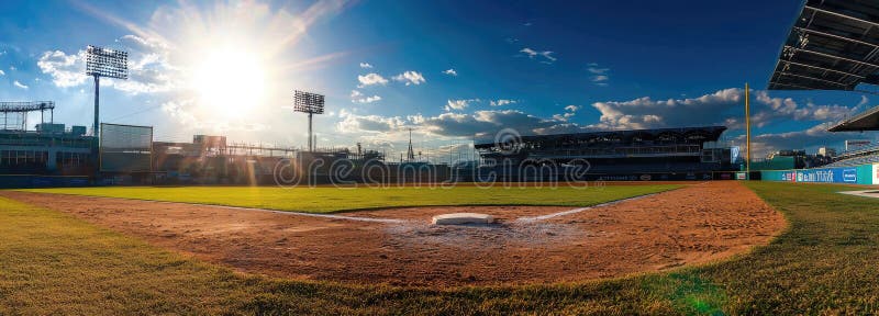 Bright Sun Shining Over an Empty Baseball Stadium Field. Stock Image ...