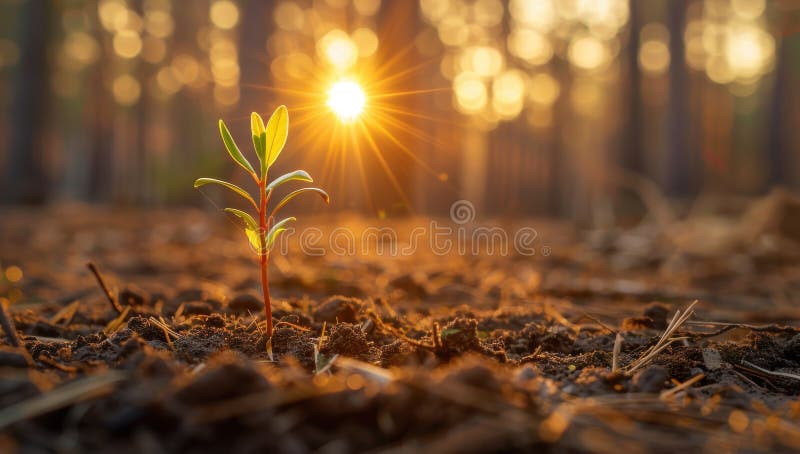 Bright Sun Shining on a Small Plant Sprouting from the Earth Stock ...