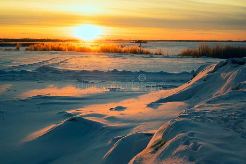 Bright Sun Sunset in Winter with Large Snow Drifts. Stock Photo - Image ...