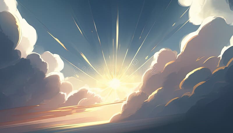 Bright Sunbeam through Cloudy Sky Stock Illustration - Illustration of ...