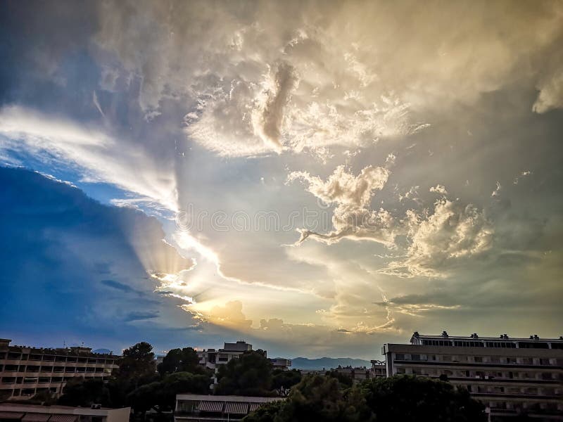 Bright Sunbeam in the Evening Sky Stock Image - Image of bright, throgh ...