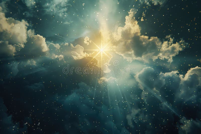 A Bright Sunbeam Passes through Puffy White Clouds Stock Illustration ...
