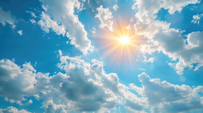 A Bright Sunbeam Shines through a Cloudy Sky, with Soft White Clouds ...