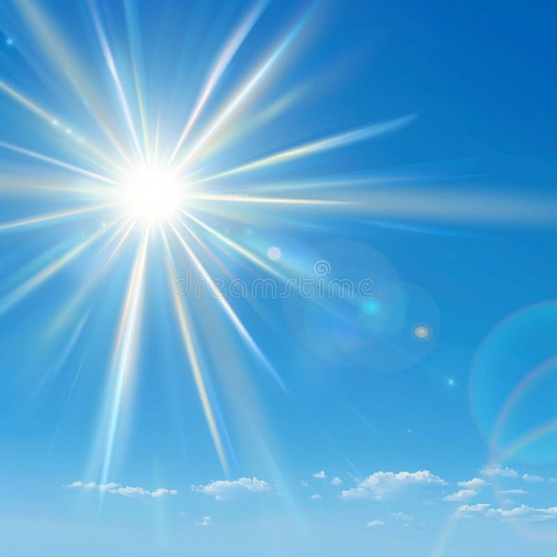 Bright Sunburst in Clear Blue Sky with Radiant Light Rays Stock ...