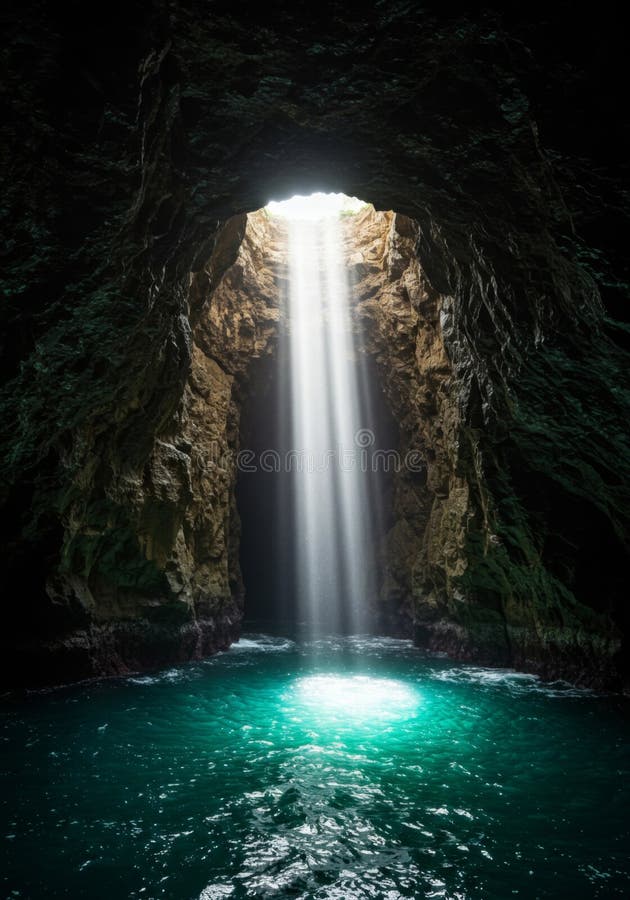 Bright Sunlight Beam Illuminates Dark Ocean Cave Entrance Stock ...
