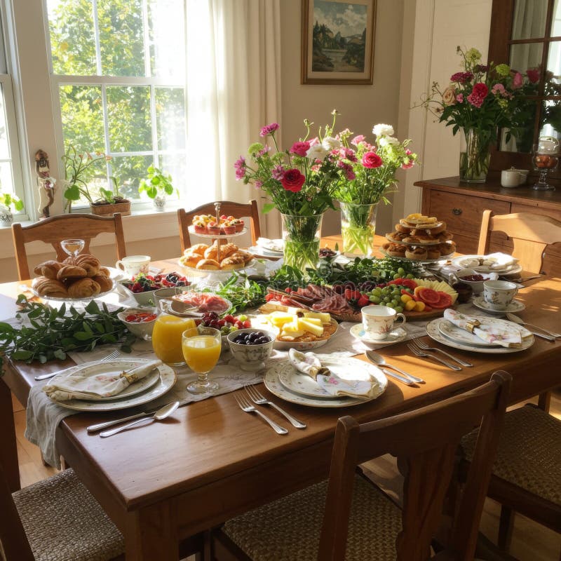 Bright Sunlight Breakfast Table Setting with Floral Arrangements Stock ...
