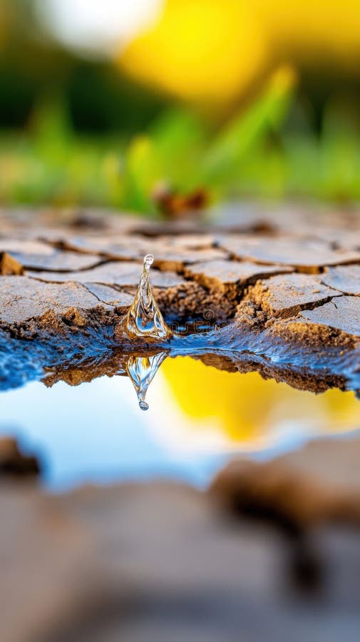 Close Up View of Rain Puddle Forming in Dry Cracked Soil with Vibrant ...