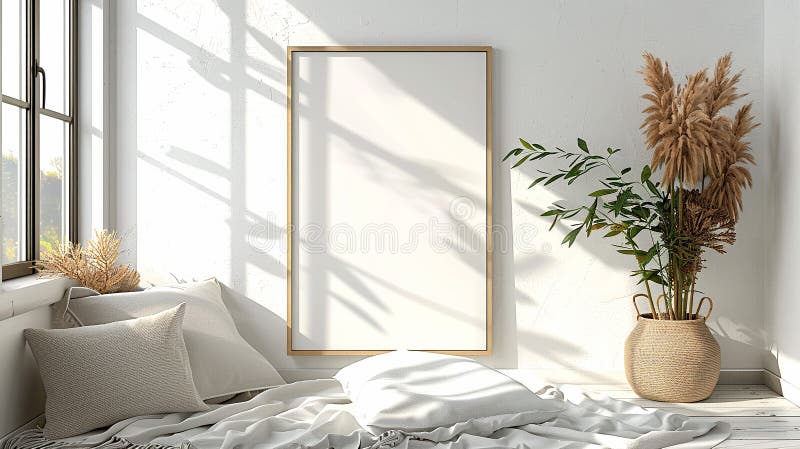 A Sunny Corner in a Bright Room with a Blank Frame and Decorative ...