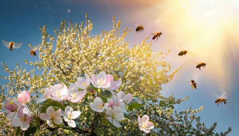 Bees Buzzing Around Blooming Apple Tree Under Bright Sunlight in a ...